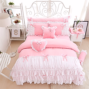 Lotus Karen Shaggy Chic Ruffle 3-Piece Duvet Cover Set- Soft Cotton Girls Bedding with Cute Bow-Knots-Sweet Pink Princess Bed Set Full Size(1Duvet Cover/2Pillowcases)