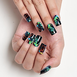 GLAMERMAID Black Press on Nails Medium Square, Tie Dye Gothic Fake Nails Tips Short Square, Ombre Color Oil Paint Glue on Nail Summer Glossy Gel Set, Reusable Acrylic False Nail Manicure Kit for Women