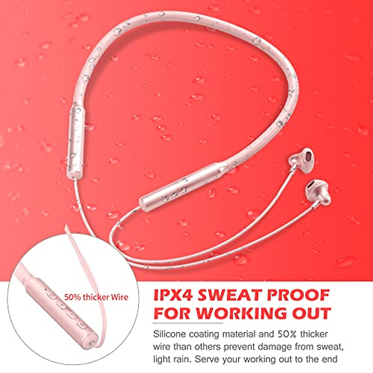 OINMELY Bluetooth Neckband Headphones V5.0 Cordless Earphones Sport Earbuds w/Mic 10Hrs Playtime Noise-Canceling Wireless Headset for Gym Running Compatible with iOS Samsung Android (Rose Gold)