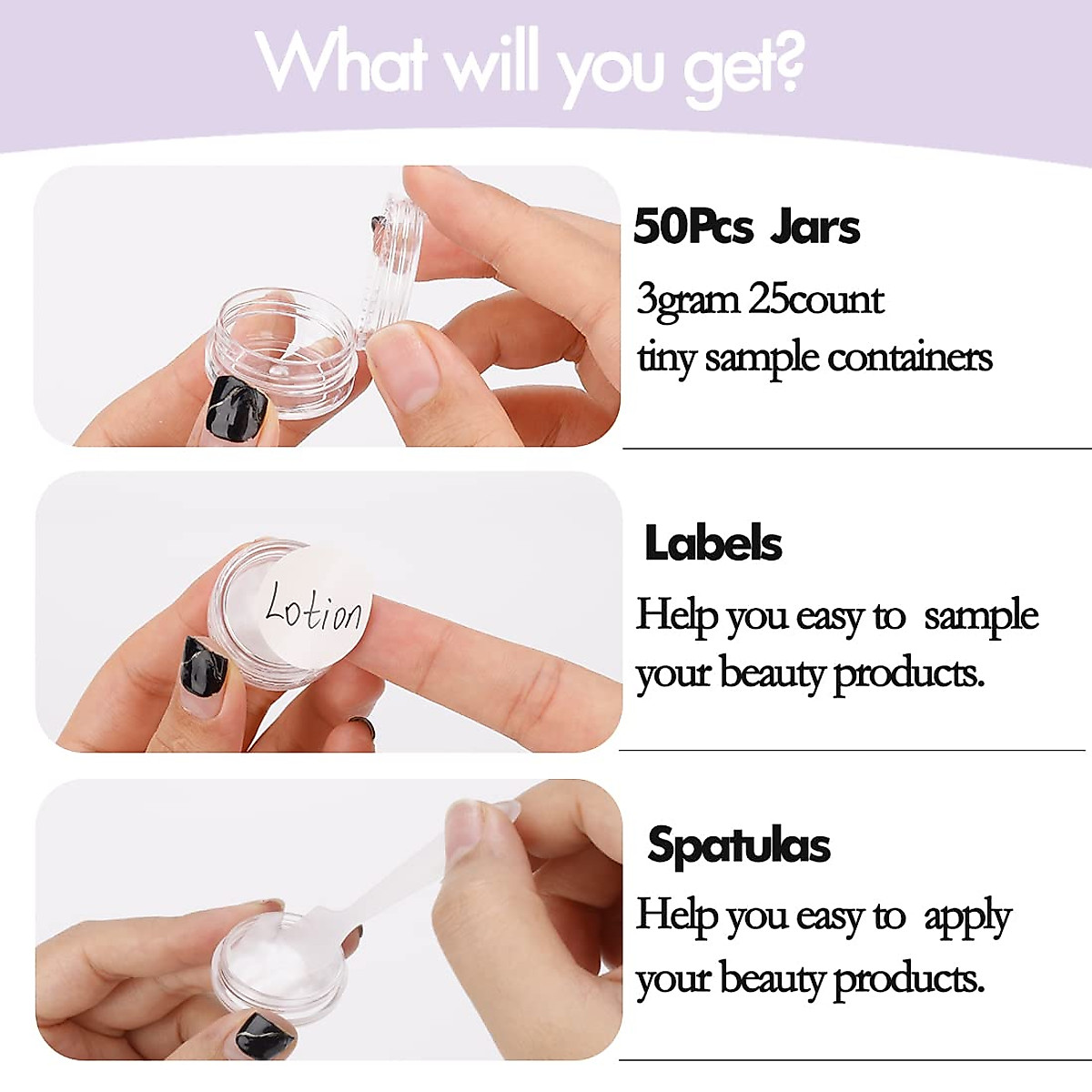 3 Gram Sample Containers with Lids, 50 Count Clear Sample Jars, Empty Lip Balm Containers, Mini Cosmetic Containers with Lids, Makeup Travel Containers with Labels, Mini Disposable Spatulas