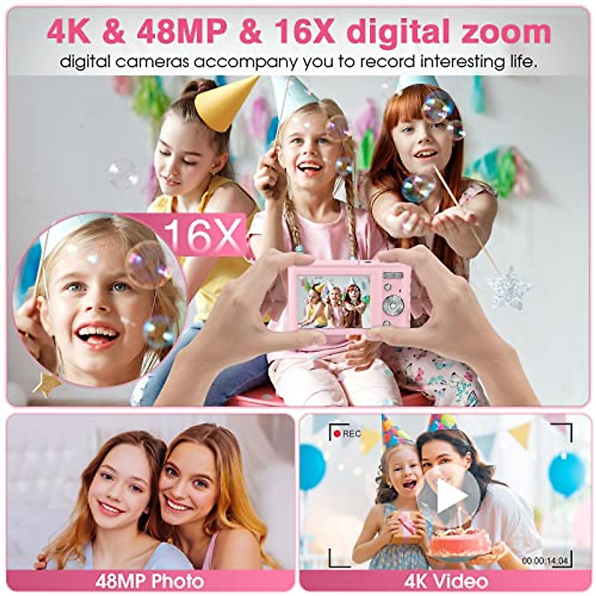 Digital Camera, Nsoela 4K FHD 48MP Kids Camera with 32 GB Card, Compact Point and Shoot Camera, 2.8" LCD Screen,16X Digital Zoom, Portable Mini Kids Camera for Teens,Students,Children (Pink)