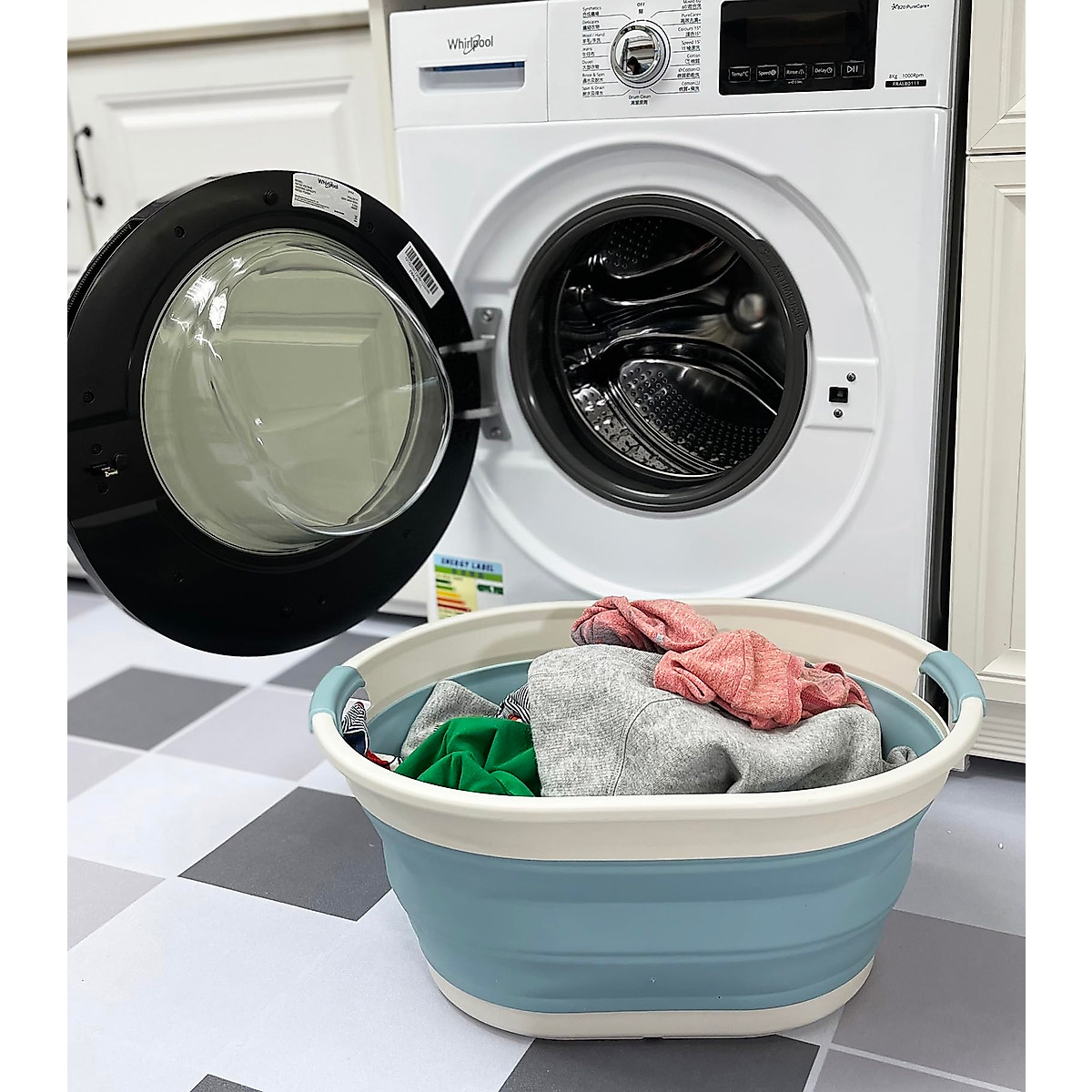 SAMMART 28L (7.4Gallons) Collapsible Plastic Laundry Basket - Oval Tub/Basket - Foldable Storage Container/Organizer - Portable Washing Tub - Space Saving Laundry Hamper (1, Grey/Sterling Blue)