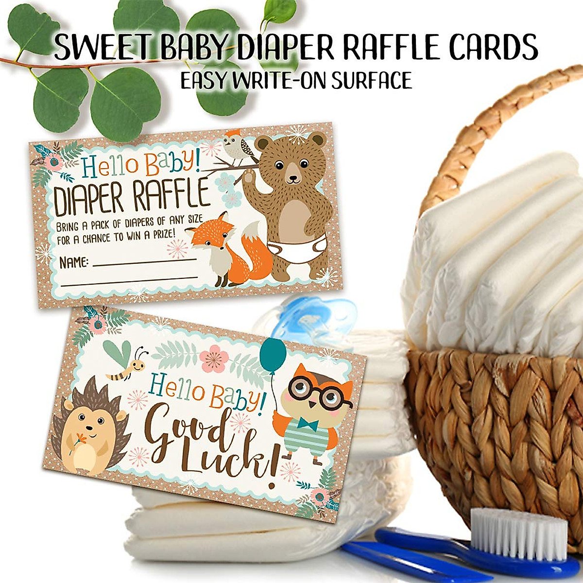 Diaper Raffle Tickets - Woodland Animals Card, Cute Fun Animals and Colorful Baby Shower Games Raffle Sign and Ticket, Gender Neutral, Baby Party Decorations, Set of 50 Double Sided Raffle Cards