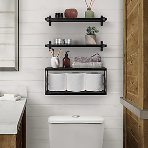 TJ.MOREE Bathroom Shelves Over Toilet Floating Shelves for Wall Rustic with Toilet Paper Wire Basket, Farmhouse Floating Shelf for Bedroom, Living Room, Kitchen, Wall Decoration (Black)