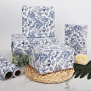 1 Roll Blue Floral Bird Wrapping Paper Mini Roll 17in x 32.8Ft Blue White Flowers Bird Pattern Gift Wrap Paper Vantege Floral Paper for Birthday Wedding Baby Shower Party Wrapping Supplies