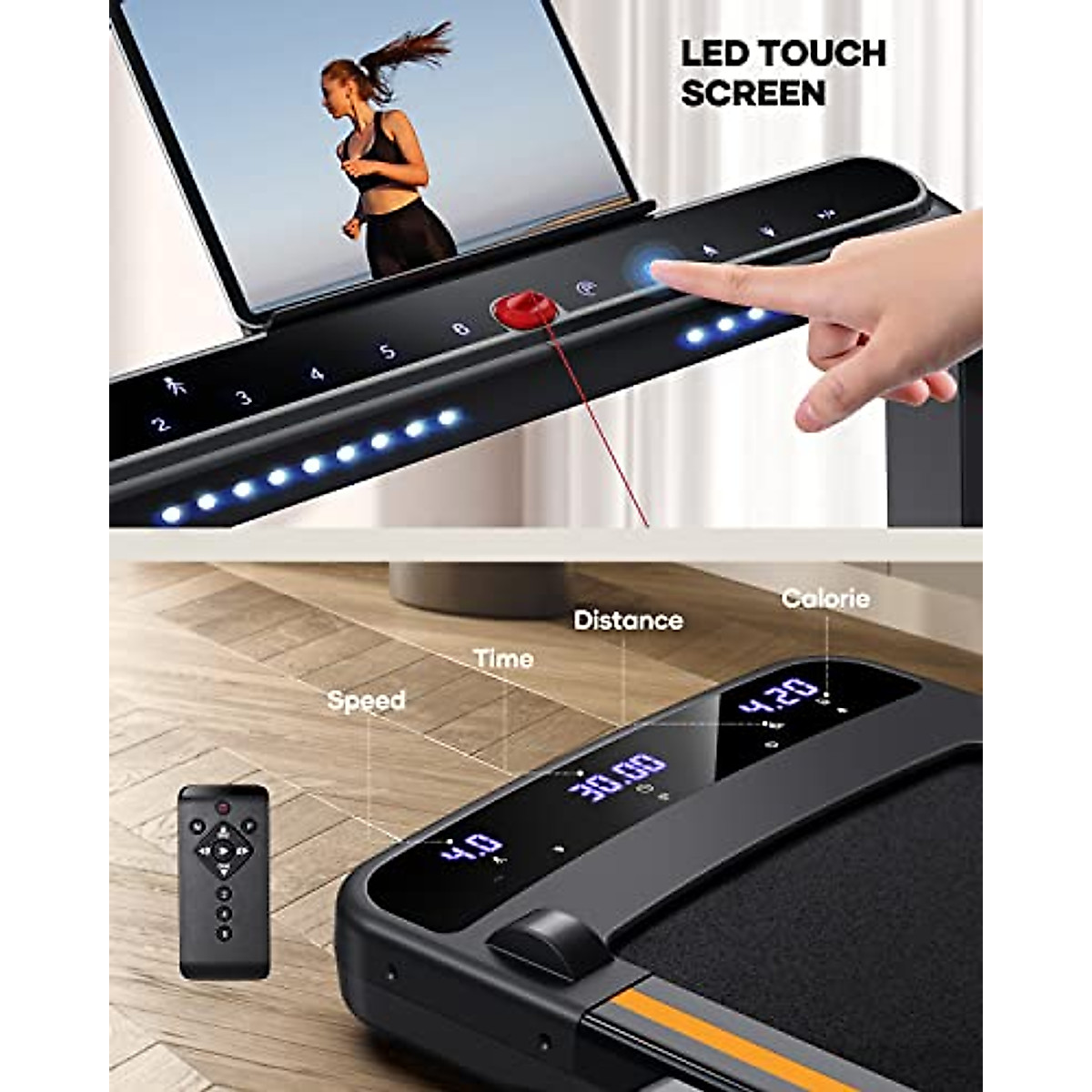 HomeTro Under Desk Treadmill Foldable 3.0HP for Home Office, 2 in 1 Folding Treadmills 265lbs with App & Remote Control Dual Led Touch Screen, 12 Preset Programs, Installation-Free