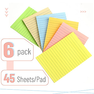 Mr. Pen- Lined Sticky Notes 4x6, 6 Pads, 45 Sheets/Pad, Pastel Color, Sticky Notes with Lines, Sticky Pads, Sticky Note Pads, Colorful Sticky Notes, Stickies Notes, Ruled Post Stickies
