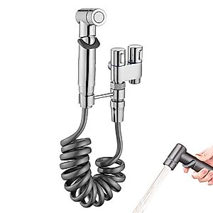 1-In-2-Out Dual Control Valve, 1-In-2-Out Washing Machine and Toilet Faucet, Dual Control Valve for Bidet, Bathroom Faucet Double Handle Dual Control with Pull Out Sprayer (1 Set Silver)