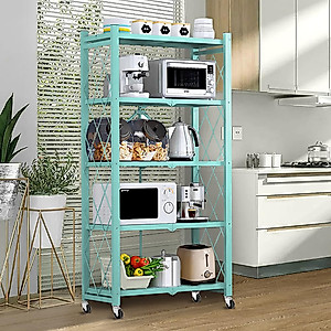 SUSIELADY 5-Tier Foldable Metal Storage Shelving Unit with Wheels and Hooks - Heavy Duty Garage, Kitchen, or Closet Organizer - 27.9"x13.4"x62.5" - No Assembly Required (Blue)