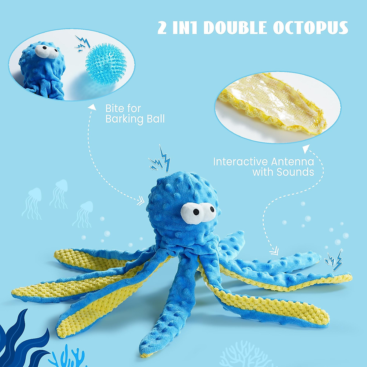 Nocciola 4 PCS Crinkle Squeaky Dog Toys | Blue Octopus Dog Toy | Ocean Theme Stuffed Dog Toys, Interactive Rope Dog Toys for Small, Medium & Large Dogs, Durable Dog Toys for Aggressive Chewers