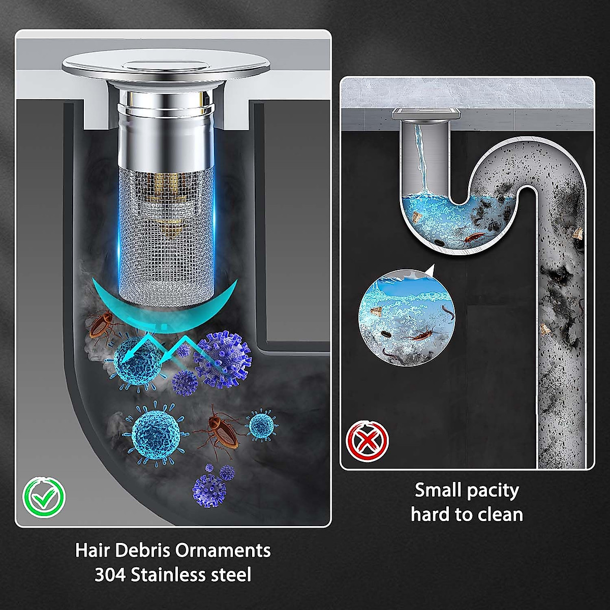 2Pcs Bathroom Sink Stopper Hair Catcher,Pop Up Sink Drain Filter with Removable Stainless Steel Filter Basket Hair Catcher, for US 1.1''-1.29'' Drain, Bathroom Sink Stopper Replacement