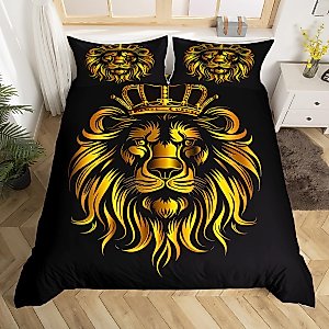 Castle Fairy Gold Roaring Lion Print Bedding Cover King Wild Animal King Comforter Sets for Adults Black Base 3 Pieces Duvet Sets(1 Duvet Cover 2 Pillow Cases),No Comforter