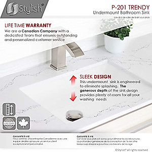 STYLISH 18 1/4 inch Ceramic Porcelain Rectangular Undermount Bathroom Sink with Polished Chrome and Matte Black Overflow, P-201 (White with Chrome and Matte Black Overflow)