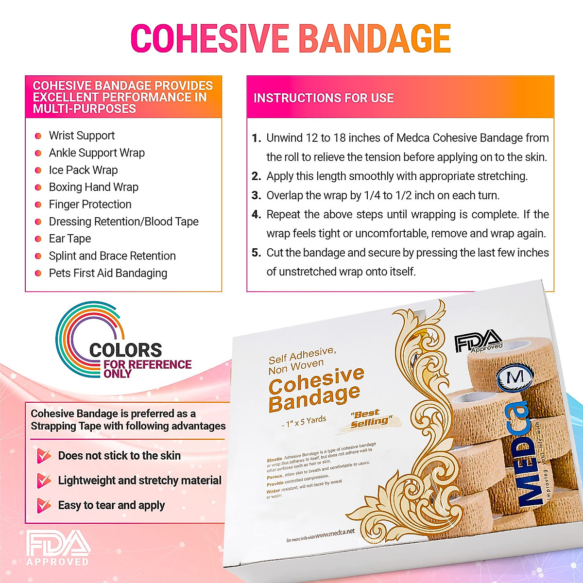 Self Adhesive Bandages - 1" x 5 Yards Per Roll - Pack of 12 Rolls, Elastic Self Adherent Cohesive Wrap First Aid Tape for Sprain Swelling and Soreness on Wrist and Ankle