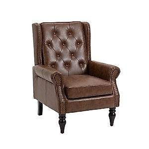 FRITHJILL Faux Leather Mid Century Modern Accent Chair with Wooden Legs and Wing Back, Rivet Decoration Upholstered Tufted Armchair with High Backrest and Track Arms, Brown PU