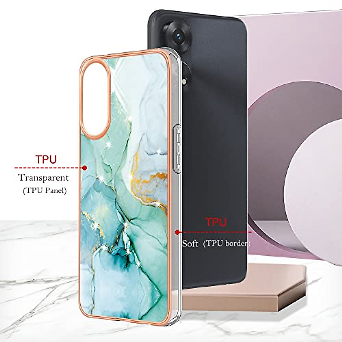 Dinglijia for Oppo Reno8 T 4G(Not 5G) Phone Case, Soft TPU + IMD Marble Pattern Slim Design Enhanced Camera and Screen Protection Girls and Women Case for Oppo Reno8 T 4G YBBK Green A
