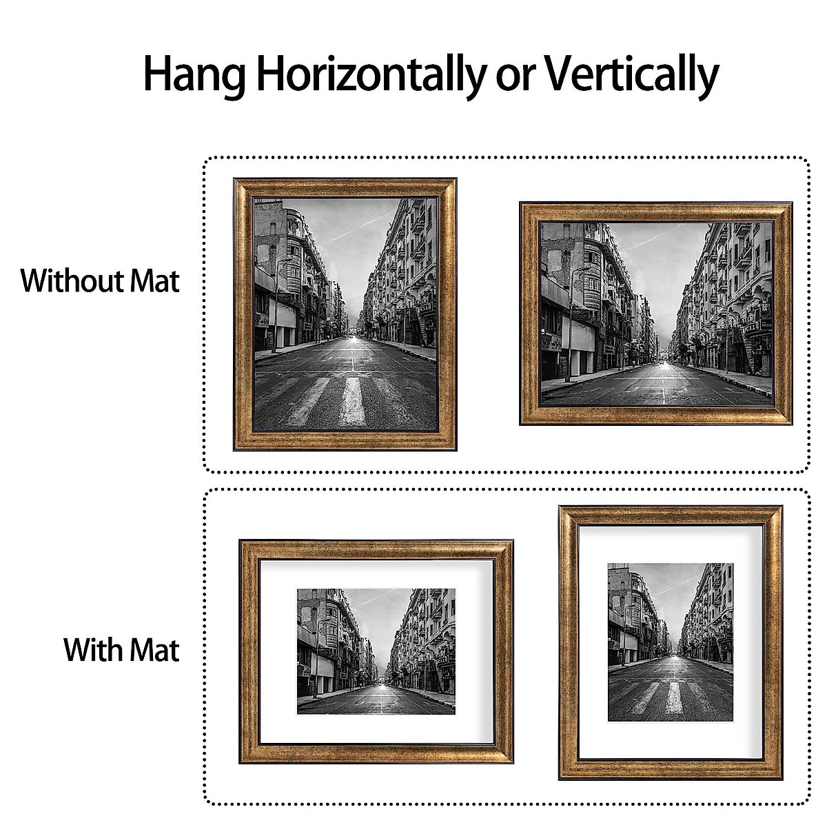 Golden State Art, 11x14 Photo Frame with Mat for Pictures 8x10 and Real Glass (Dark Gold Brown & Bronze Pewter Panel with White Color Mat, 1.25 Inch Frame Border)