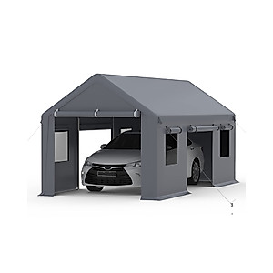 GAOMON 13'x20'Carport, Heavy Duty Portable Garage, with 4 Roll-up Doors & 4 Ventilated Windows, Reinforced Steel Poles & 180 g PE Waterproof Canopy, for Pickup Truck, and Boat, Silver Gray