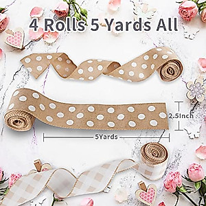 MuRealy Farmhouse Wired Ribbons 2.5 inch, 4 Rolls 20 Yards Welcome Stripe Polyester Ribbons with Buffalo Plaid, Dot Burlap Ribbon for DIY Wreaths Christmas, Birthday Wedding Decor