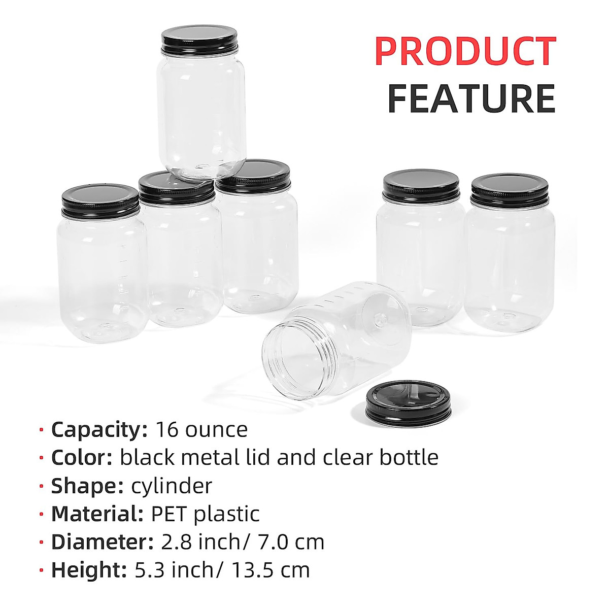 OMNISAFE 16 Ounce Clear Plastic Mason Jars With Screw On Lid, Reusable Empty Jars for Food Storage, Round BPA Free Containers for Sealing, Dry Food, Snacks, Candies, Breakage-proof, (Black - 20 Pack)