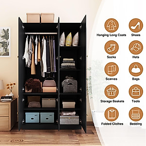 YMXLTD Armoire Wardrobe Closet with Doors for Hanging Clothes, Black Wardrobe Closet Cabinet with Hanging Rod, Modern Large Tall Wardrobe Storage Closet for Bedroom for Hanging Coat