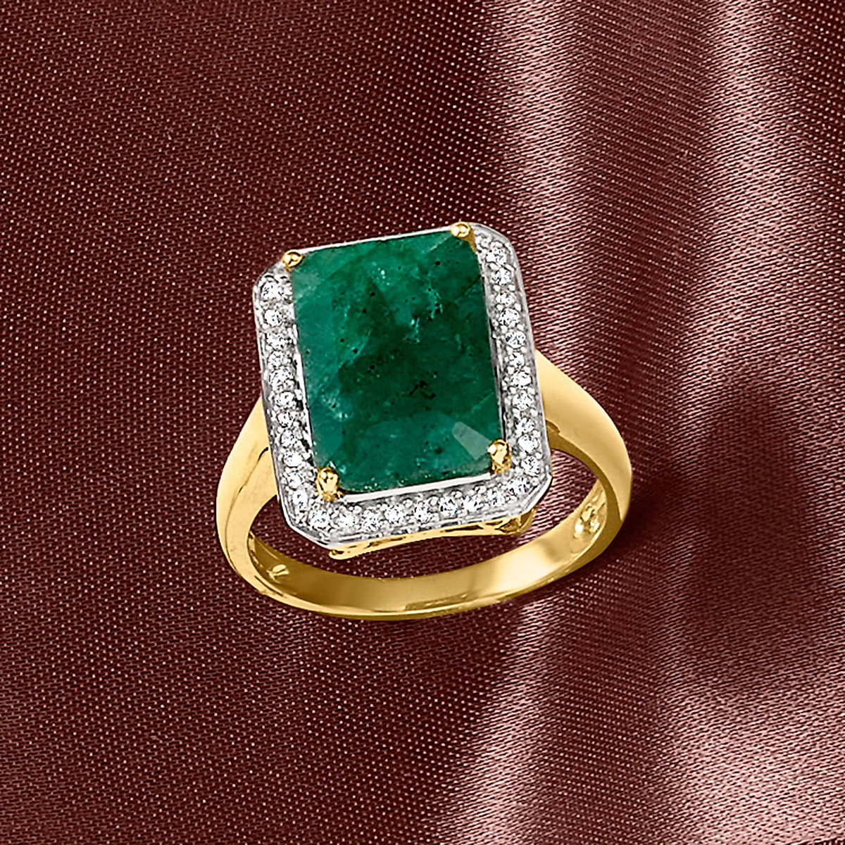 Ross-Simons 5.50 Carat Emerald and .20 ct. t.w. Diamond Ring in 14kt Yellow Gold. Size 7