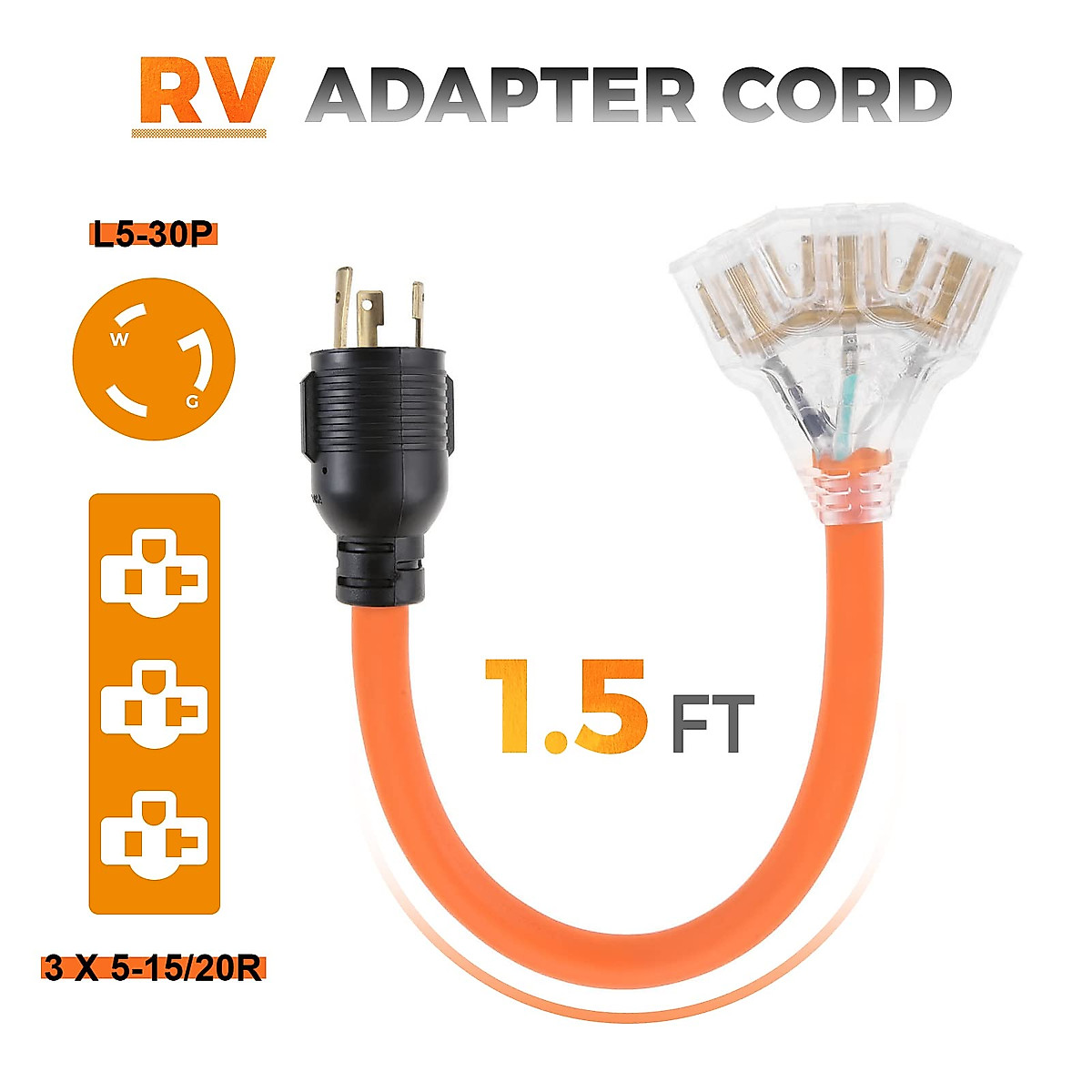 30 Amp to 110 Adapter Generator Power Cord, 3 Prong 30 Amp to 15 Amp or 20 Amp Generator Adapter, NEMA L5-30P Male to 3 x 5-15/20R Female with Lighted End, 1.5 FT
