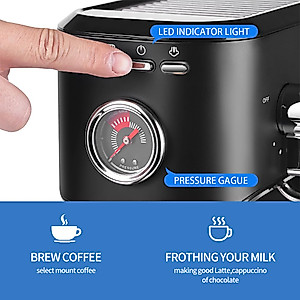 CYETUS Espresso Machine 20 Bar with Milk Frother Steam Wand, Compact Small Coffee Machine for Home, Pressure Gauge, Barista Espresso Maker Latte Cappuccino, Stainless Steel, Black