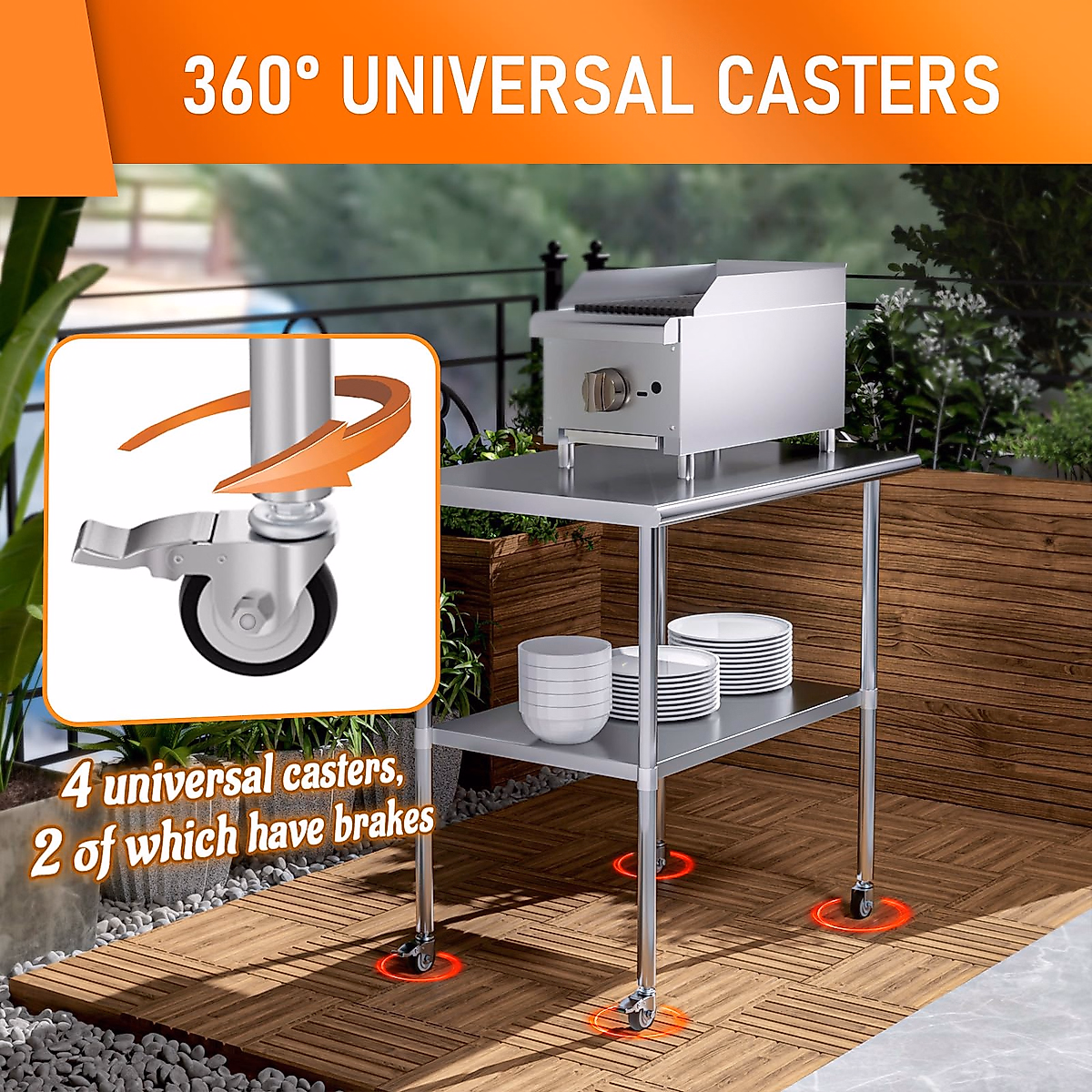 HOCCOT Stainless Steel Prep & Work Table with Adjustable Shelf, with Wheels, Kitchen Island, Commercial Workstations, Utility Table in Kitchen Garage Laundry Room Outdoor BBQ, 24" X 36"