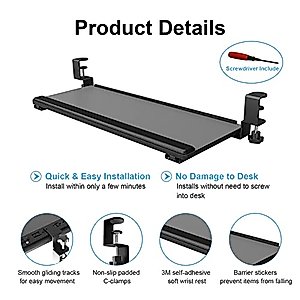 EQEY Keyboard Tray Under Desk Slide,Clamp On Keyboard Tray Under Desk Keyboard Tray Slide Out with Sturdy C-Clamp Mount & Wrist Support Pad Keyboard Drawer for Desk (26 x 10 inch) Grey