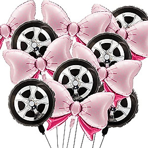 12 Pieces Burnouts or Bow Foil Balloons Black Car Wheel Balloons Gender Reveal Balloon Pink Polka Dots Bow Balloon Foil Balloons for Baby Shower Gender Reveal Wedding Birthday Party Decoration