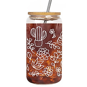 Plant Lover Iced Coffee Glasses with Bamboo Lids and Straw, Cute Cactus With Floral Drinking Beer Can Shaped Cup, Aesthetic Gardening Succulent Gifts for Plant Mom Women friend wife