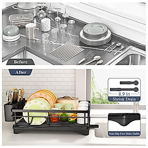 Dish Drying Rack - Stainless Steel Dish Rack for Kitchen Counter, Large-Capacity Dish Drainer with Cutlery Holder, Kitchen Organizer for Dishes, Spoons and Forks, Black