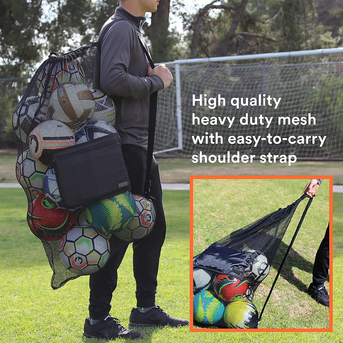 Fitdom Extra Large Heavy Duty Mesh Bag. Best for Soccer Ball, Water Sports, Beach Cloth, Swimming Gears. Adjustable Shoulder Strap. Secure Side Pocket