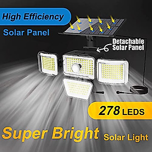 NUNET Solar Motion Sensor Lights Outdoor 278 LEDs PIR Security Solar Flood Lights w.Detachable 1.5W Solar Panel 3 Modes Remote IP65 Waterproof 4 Heads 270°Angle Wall Lamp for Shed Yard(1 Pack)