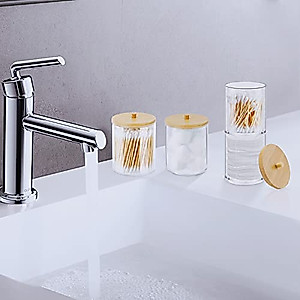 TCJJ 4 Pcs, 10 OZ Qtip Holder and Cotton Round Holder Set Apothecary Jars with Bamboo Lids, CLear Plastic Cotton Ball Pad Swab Holder for Bathroom Accessories Storage Organization