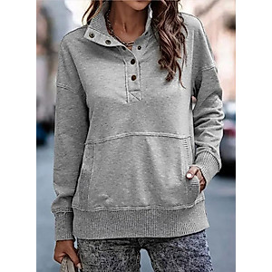 SHEWIN Sweatshirt For Women Loose Fit Casual Button V Neck Solid Lightweight Pullover Sweatshirts Long Sleeve Fall Tops with Pocket,US 8-10(M),Grey