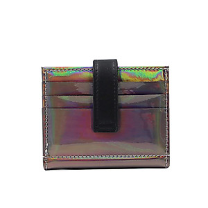MINGSEECESS Women Bifold Leather Small Wallet Shiny Holographic Zipper Card Holder Coin Change Wallet Clutch Purse with 2 Straps