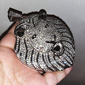 HIP HOP JEWELRY ICED LAB DIAMOND JUMBO SIZE LION HEAD BLING RAPPER CHARM PENDANT (SILVER)