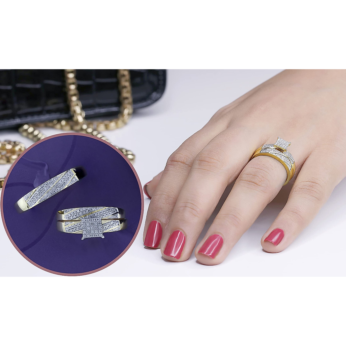 Dazzlingrock Collection 0.36 ctw Round White Diamond Square Head Trio Ring Set in 18K Yellow Gold Plated Sterling Silver, Women Size 7 & Men Size 10