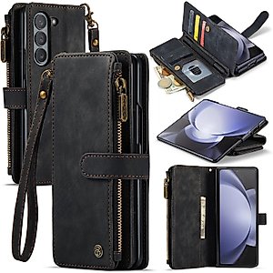 CaseMe Wallet Case for Samsung Galaxy Z Fold 5,Multifunction Fashion Premium PU Leather Zipper Flip case Built-in [S Pen Holder] [Magnetic Closure] [Kickstand] [Card Slots] for Galaxy Z Fold 5 (Black)