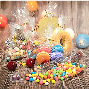 Clear Treat Bags (200 pack) - 4x6 Clear Plastic Gift Bags with 4” Twist Ties 3 Mix Colors - BPA-free Clear Candy Bags for Packaging - Thick OPP Cookie Bags for Wedding, Cakes, Pops, Gift