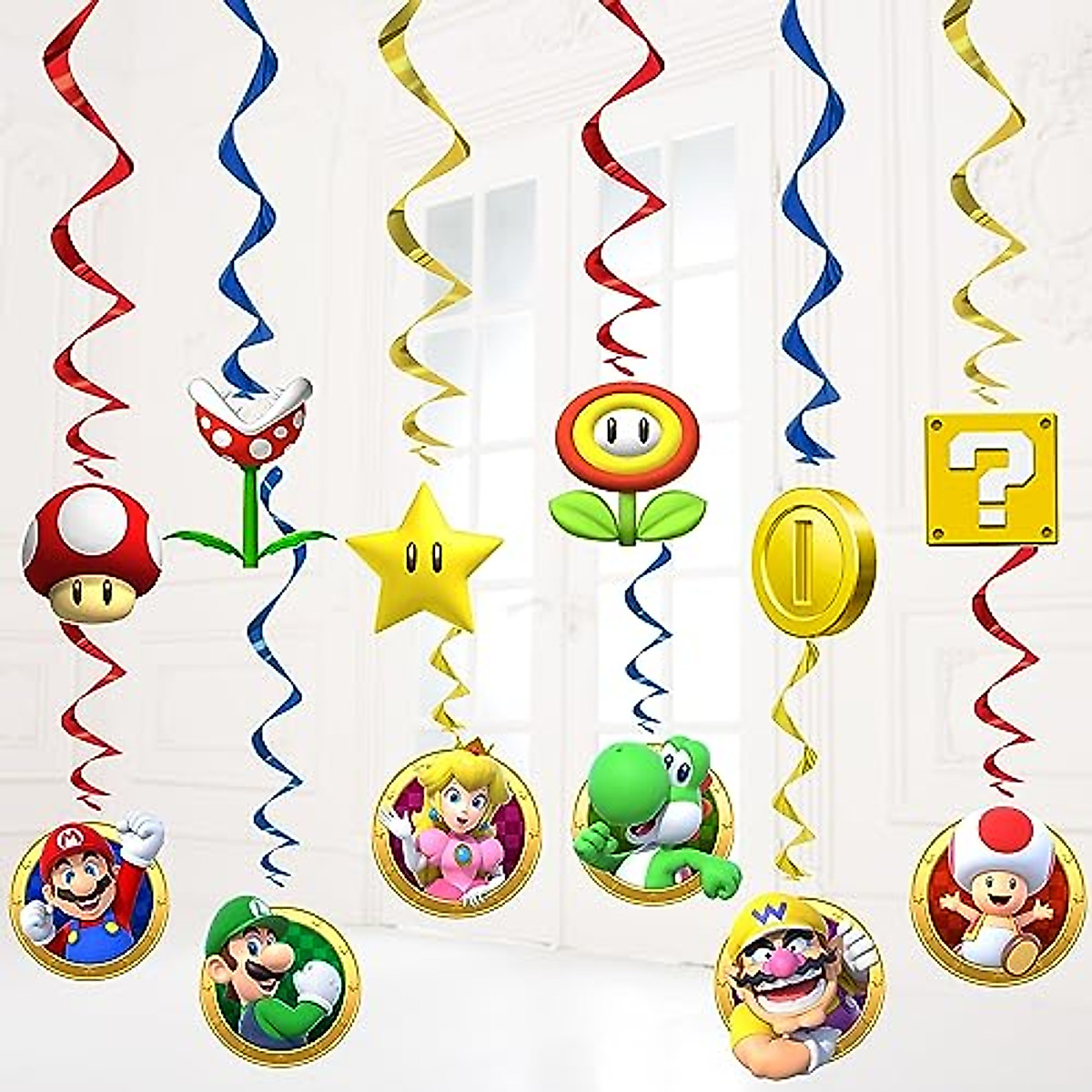 Mario Birthday Party Supplies, Mario Happy Birthday Themed Party Banner with 12 Hanging Swirls for Kids Boys Girls Birthday Baby Shower Mario Party Decorations