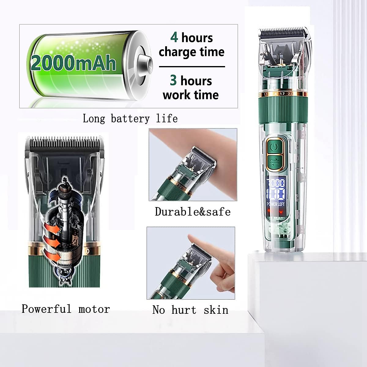 Dog Hair Clippers,Dog Grooming Clippers Kit with Led Display,Pet Clippers Grooming for Dogs Thick Coats,Low Noise Heavy Duty Pet Hair Shaver Trimmers (Green)