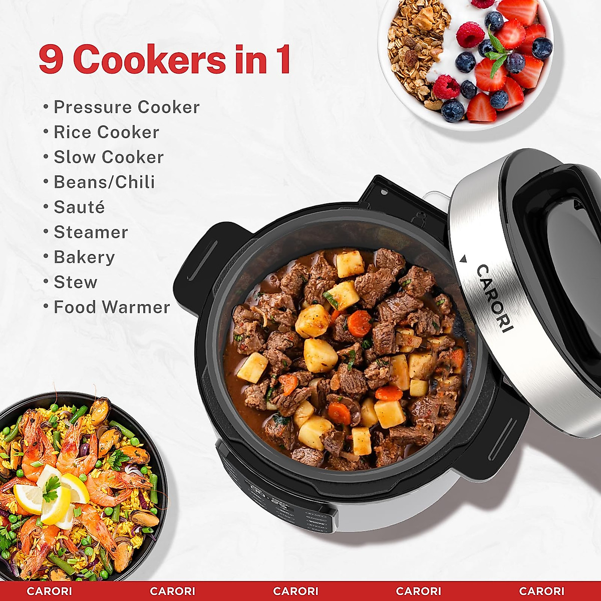CARORI 9-in-1 Electric Pressure Cooker 6 Qt, Programmable Multi-Function Cooker with Safer Venting Design, Rice Cooker, Slow Cooker, Steamer, Sauté, Warmer & Sterilizer, 1000W, Stainless Steel