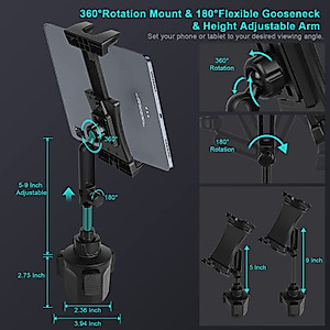 Car Cup Holder Tablet Mount & Phone Cradle Stand Truck for iPad Pro 11/12.9 Air Mini 6/5/4, Samsung Galaxy Tabs, iPhone 16/15/Pro/Pro Max, 4.7"-12.9" Smartphone Tab, Adjustable Long Arm, 360º Rotating