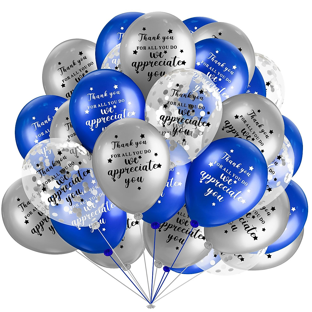 Seenelling 80 Pcs Thank You for All You Do, We Appreciate You Balloons Thank You Balloons for Customer Service Week Pastor Employee Appreciation Xmas Party(Blue, Silvery, Transparent Silver)