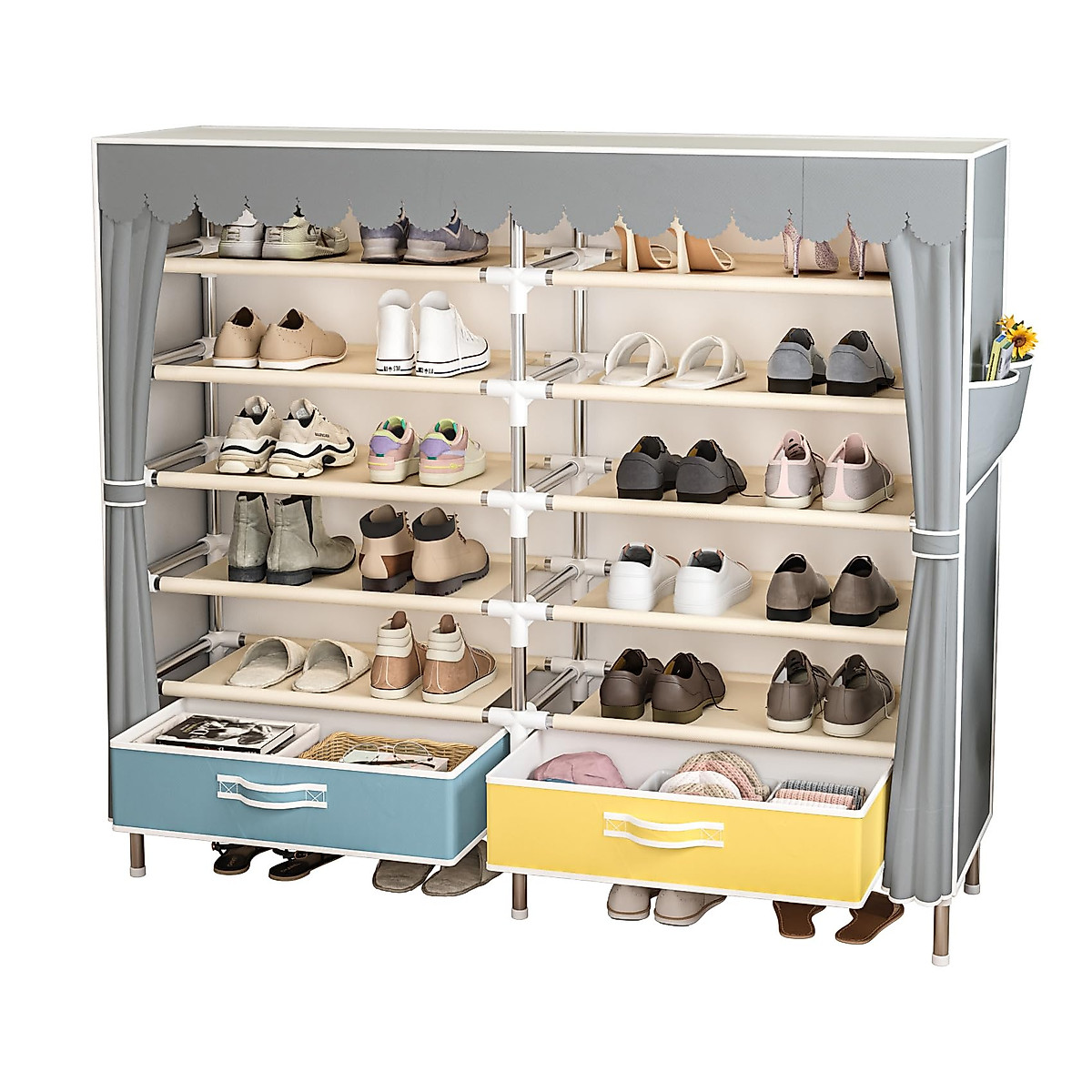 LEAIJIAFY Double Row 6 Tier Shoe Rack Storage Organizer with Cover and 2 Drawers,Portable Standing Shoe Shelf for Garage EntrywaySmall Spaces,16MM Metal Tubes,Gray