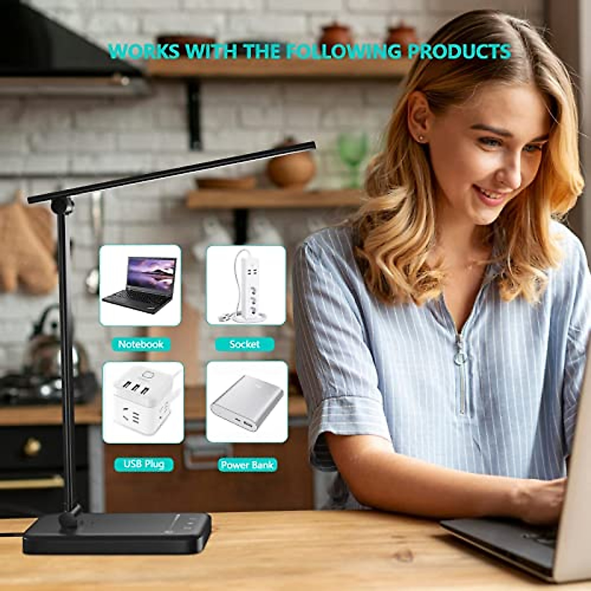 WEIDUOYI LED Desk Lamp Dimmable Home Office Lamp with USB Charging Port Reading Light Table Desk Lamps, Eye-Caring Table Lamp 45mins Timer Desk Light for Working and Reading Black