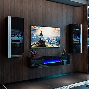 AMERLIFE Wall Unit Entertainment Center with 36" Electric Fireplace, Includes 68" Floating Fireplace TV Stand, 2 x Wall Cabinets, Modern LED Light Media Console Table for Living Room, Black/White